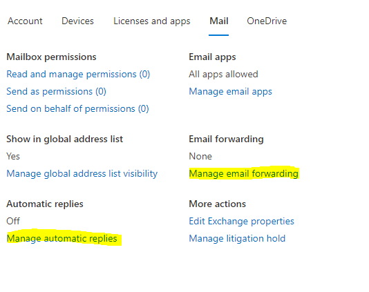 Set auto replies, Apply forwarding email address of user account in ...