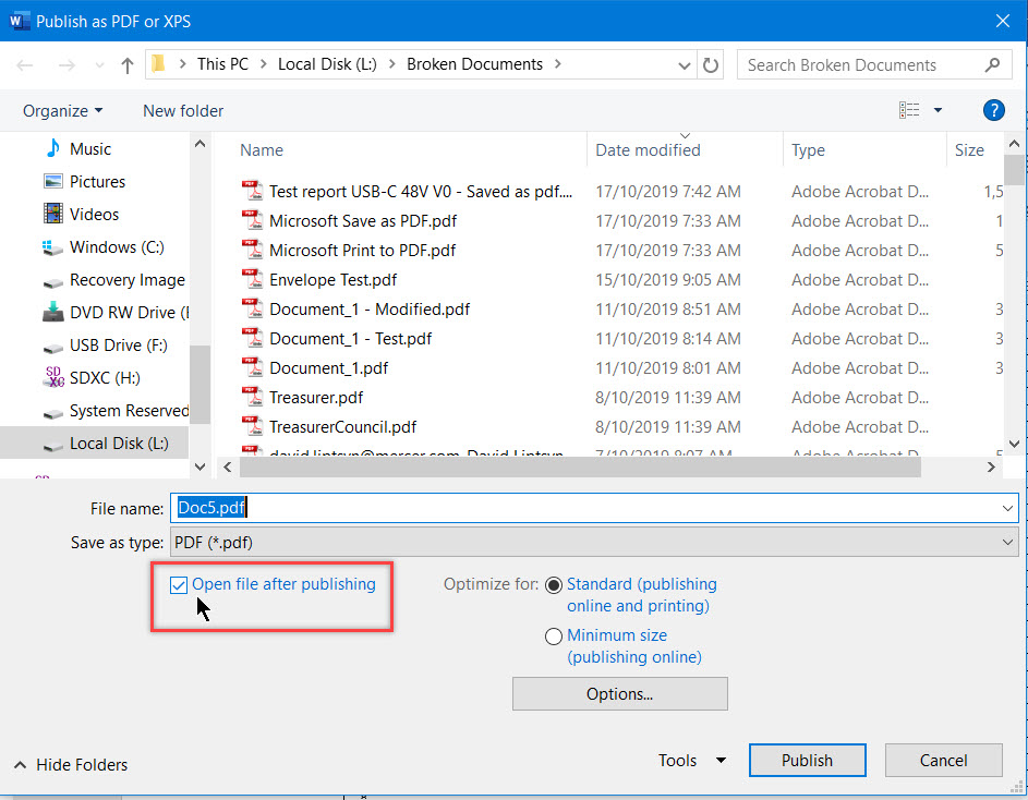 When working in OneDrive, export to PDF in Word automatically opens the ...