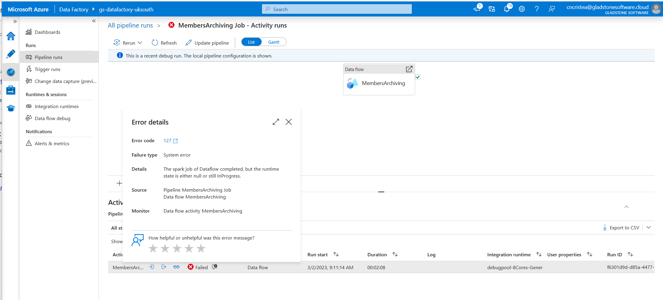 Dataflow Error: The spark job of Dataflow completed, but the runtime state is either null or ...