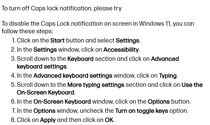 How do I disable the Caps Lock Notification? (Windows 11) - Microsoft Q&A