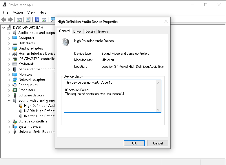 High Definition Audio Device error This device cannot start. (Code 10 ...