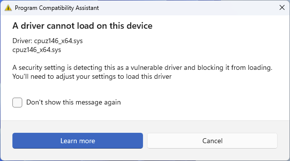 A driver cannot load on this device - cpuz146_x64.sys - Microsoft Q&A