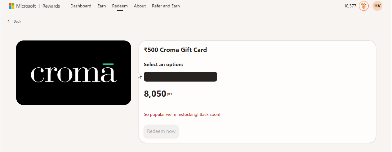 MCROSOFT REWARD ISSUE,Inquiry about Croma Gift Card Restocking ...