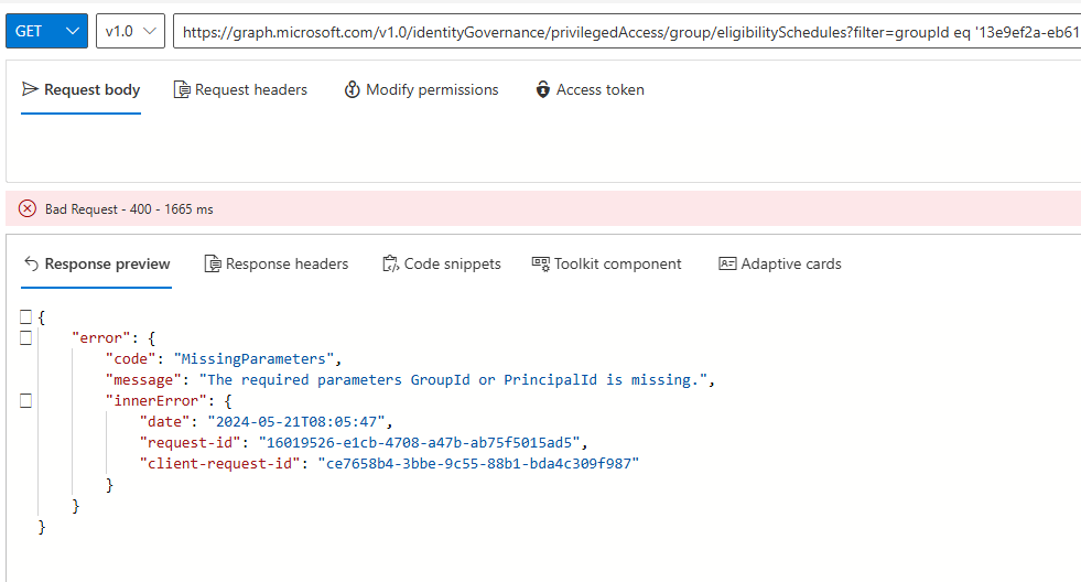Graph API complains about missing parameter which are provided ... Graph API complains about missing parameter which are provided ...