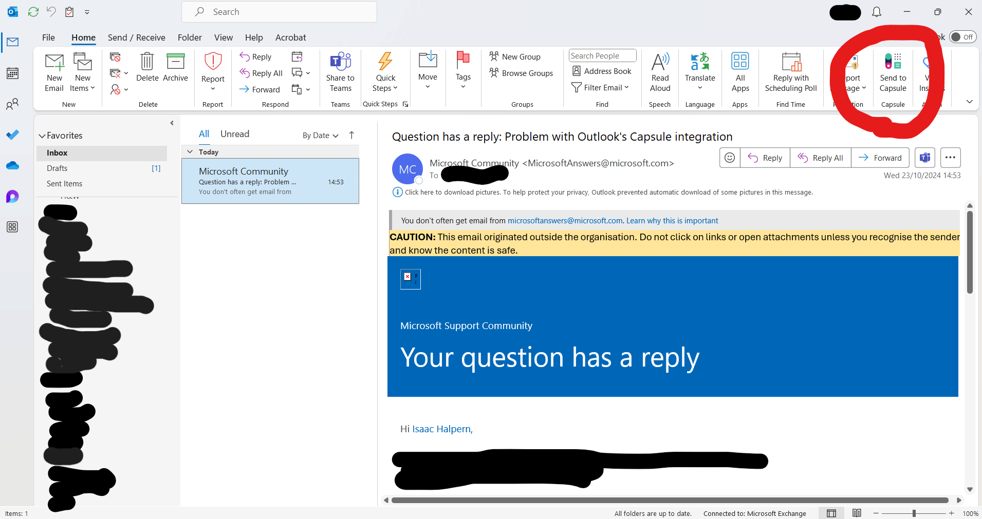 Problem with Outlook's Capsule integration - Microsoft Q&A