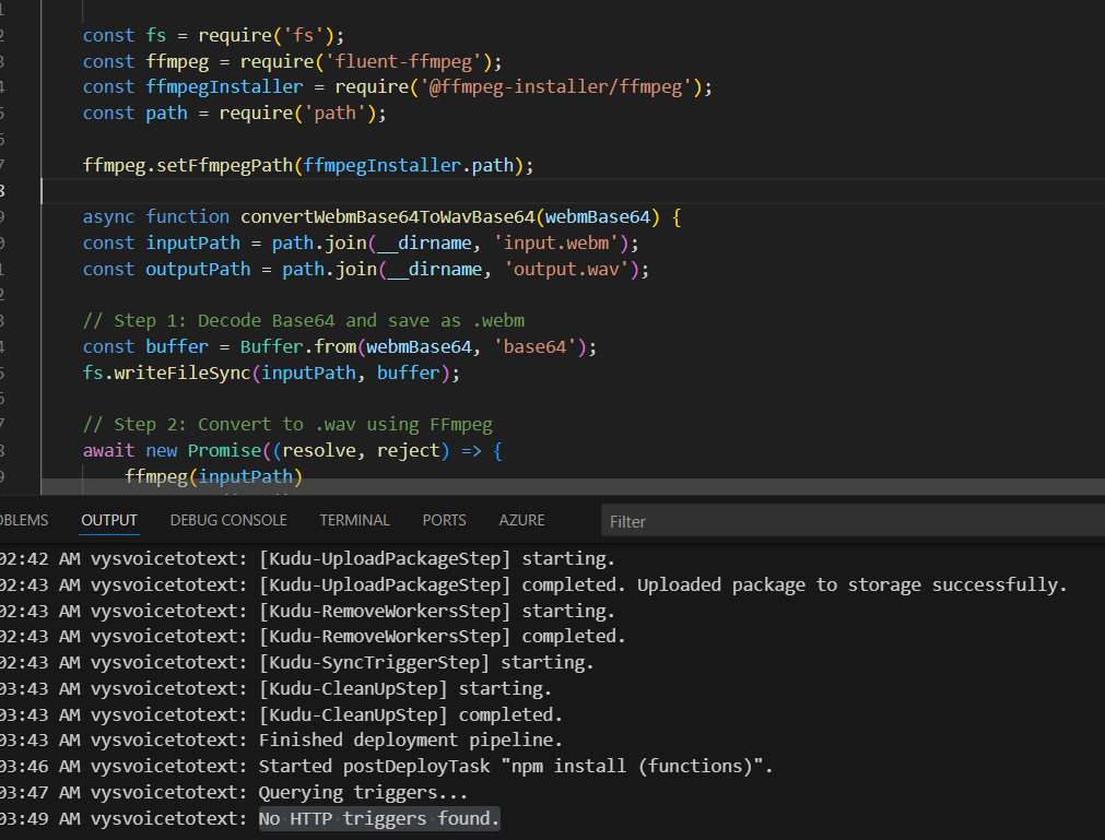 How To Deploy A Nodejs Azure Function Using Ffmpeg For Webm To Wav Conversion Microsoft Qanda