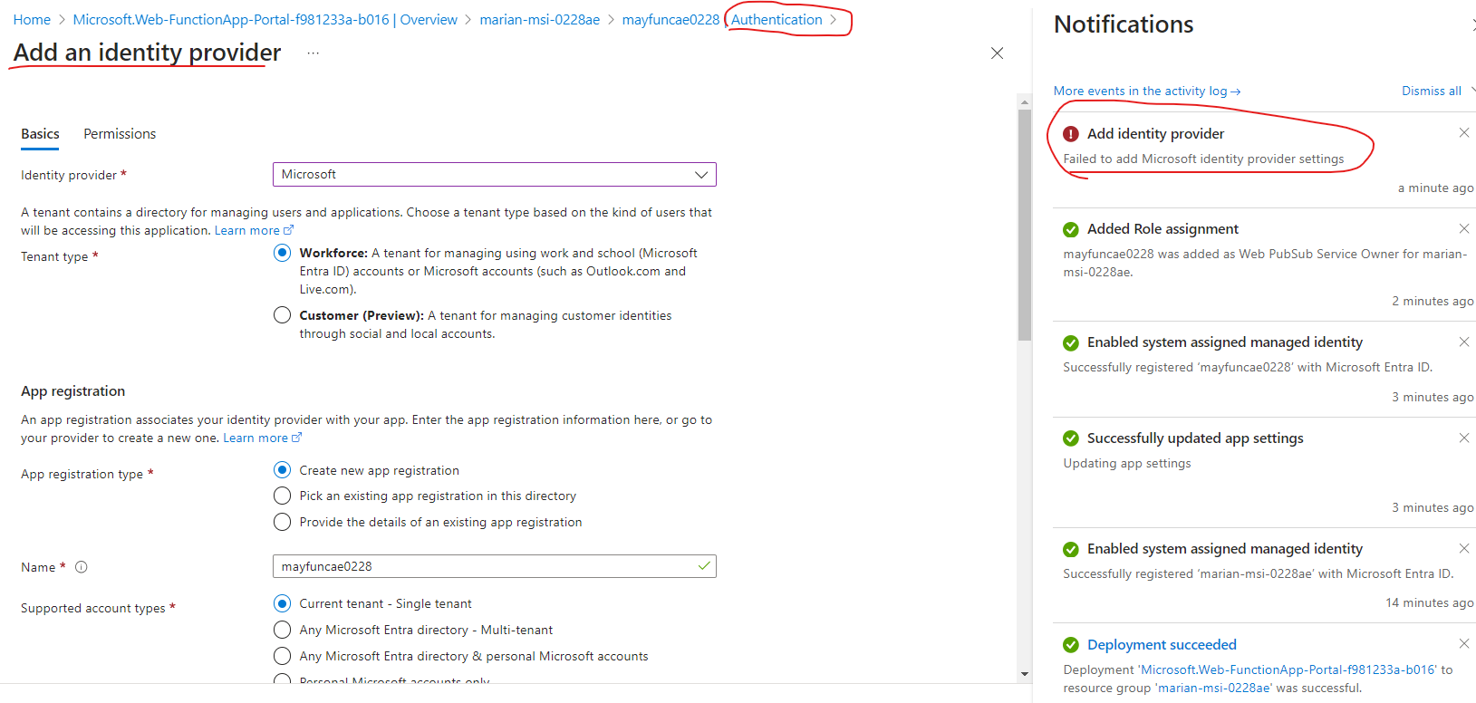 Why does authentication's functionapp fail to add identity provider - Microsoft Q&A