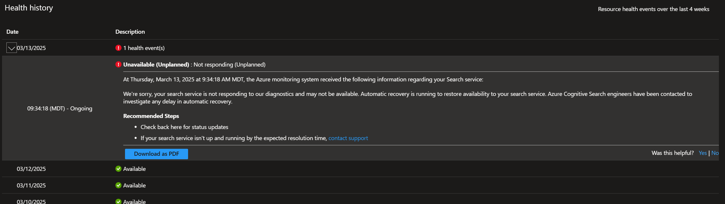 Azure Search Index is down. Unable to connect - Microsoft Q&A Azure Search Index is down. Unable to connect - Microsoft Q&A