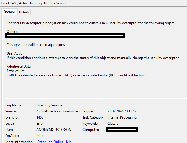 The security descriptor propagation task could not calculate a new security descriptor for the ...