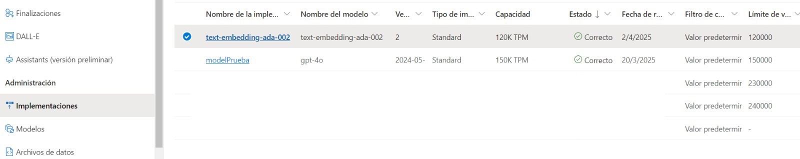 OpenAI Studio: "The specified embedding deployment 'text-embedding-ada-002' in the request body ...