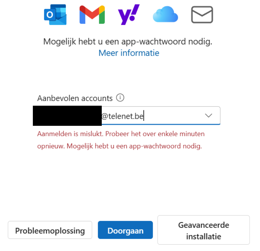 ik kan geen IMAP e-mail account van telenet toevoegen aan outlook ...