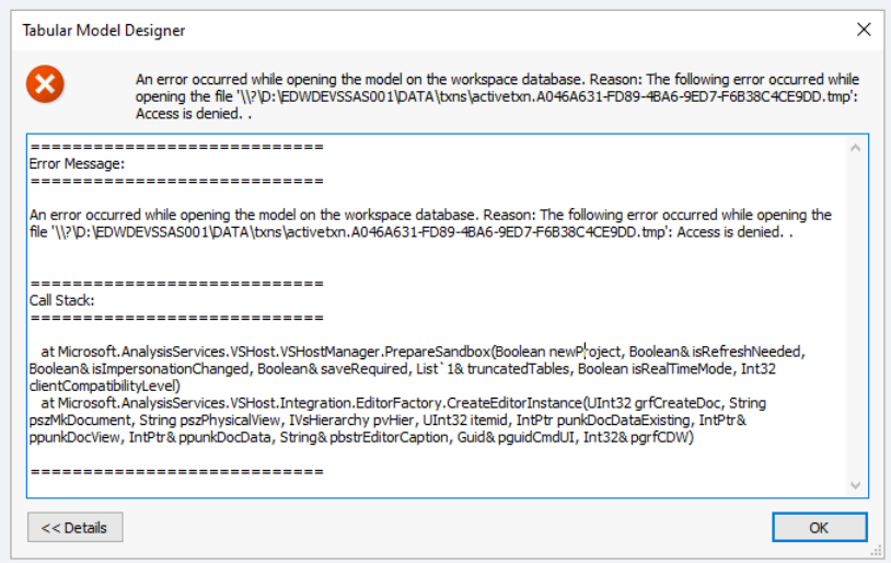Unable to open the Tabular Model Designer due to Access denied ...