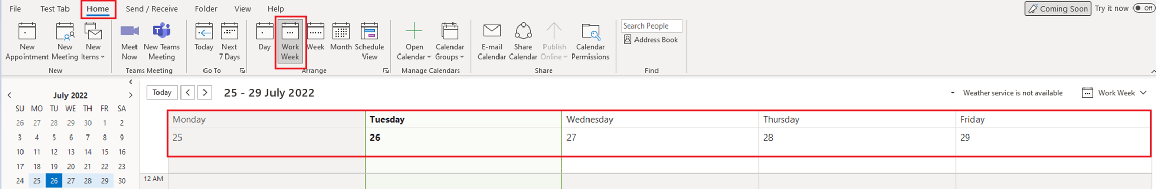 How can I set up Outlook to automatically show the current week in the ...