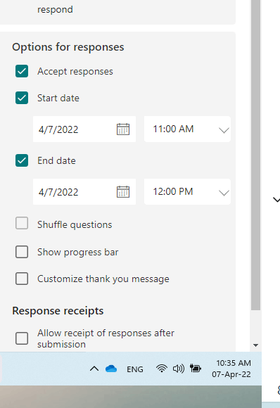 microsoft forms start date not working - Microsoft Q&A