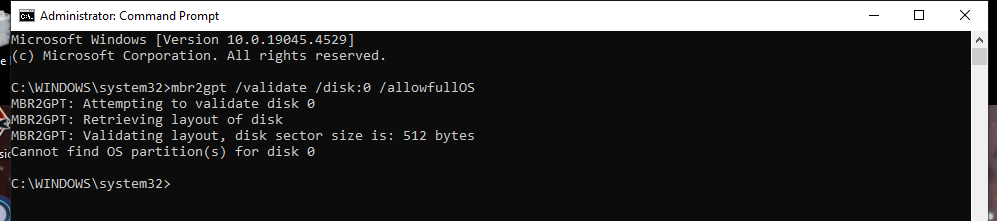 Unable to run mbr2gpt due to 'Cannot find OS partion on disk 0' - Microsoft Q&A