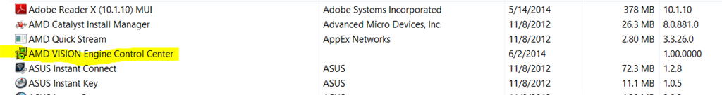 AMD Vision Engine Control Center with Windows Installer Icon listed in ...
