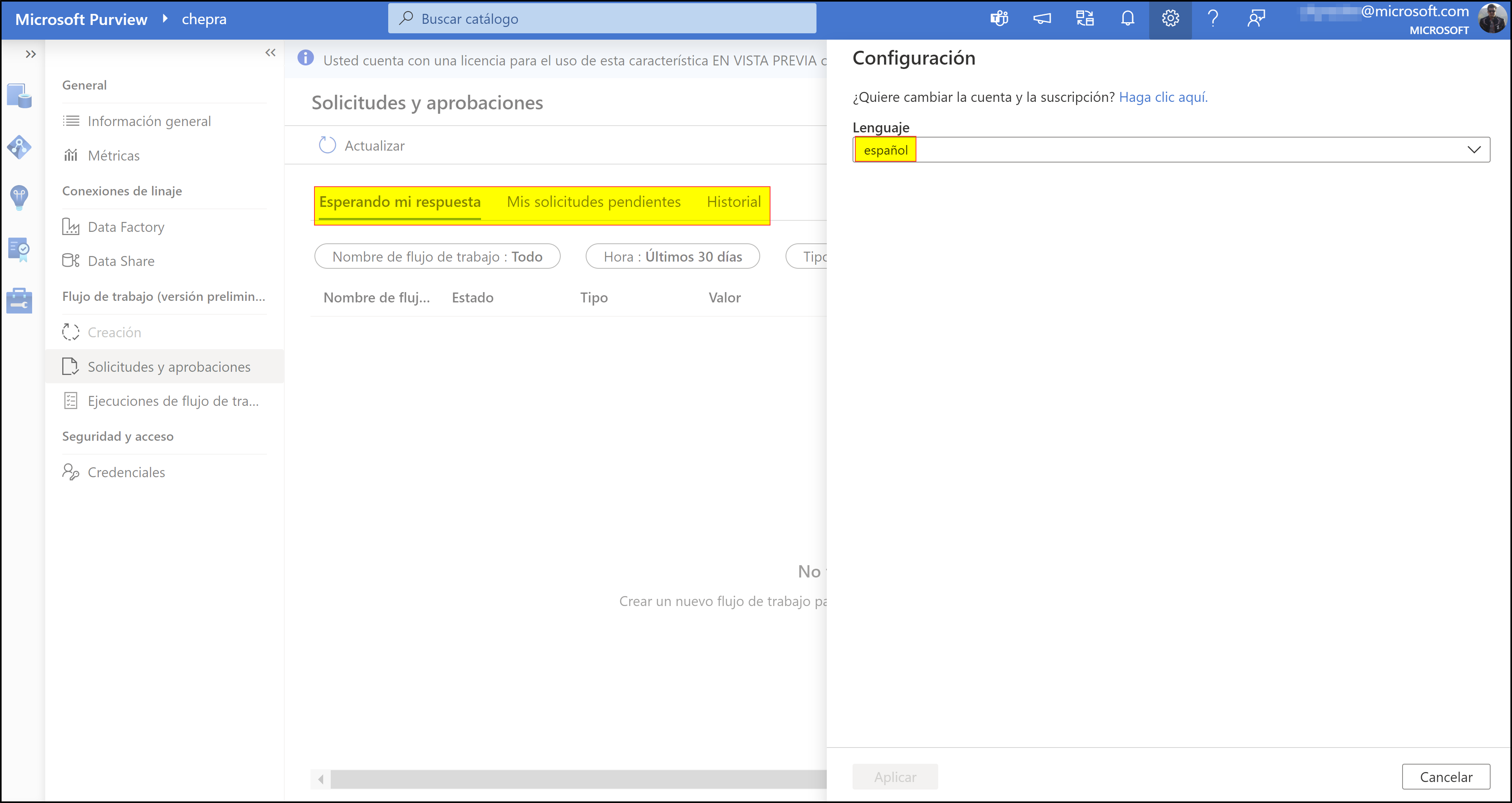 Microsoft Purview: Error in the Spanish text of Requests and Approvals (Requests and approvals ...