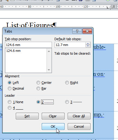 How to create a tab indent on an entry line in a list of tables/figure ...