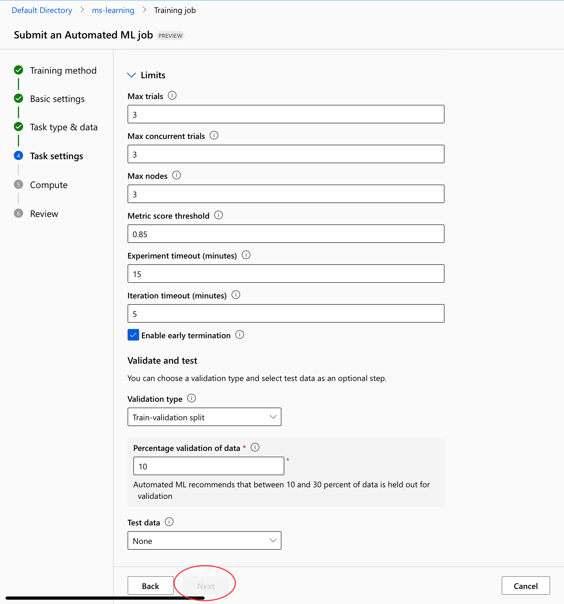 I cannot create my ML job and the "Next" button is disabled on the step ...