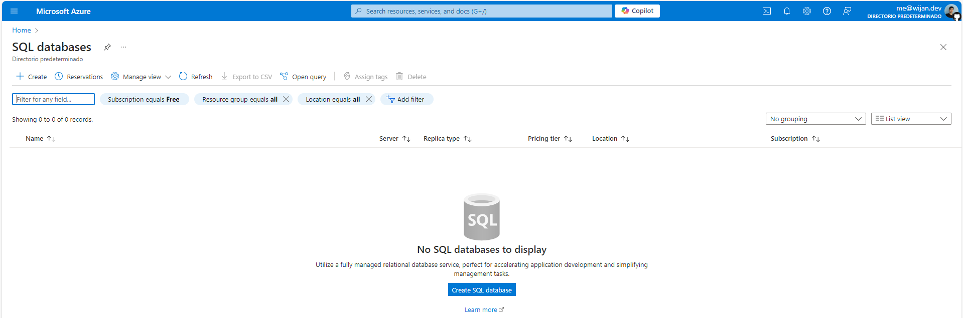 I'm not able to create Azure SQL free database on Spain - Microsoft Q&A