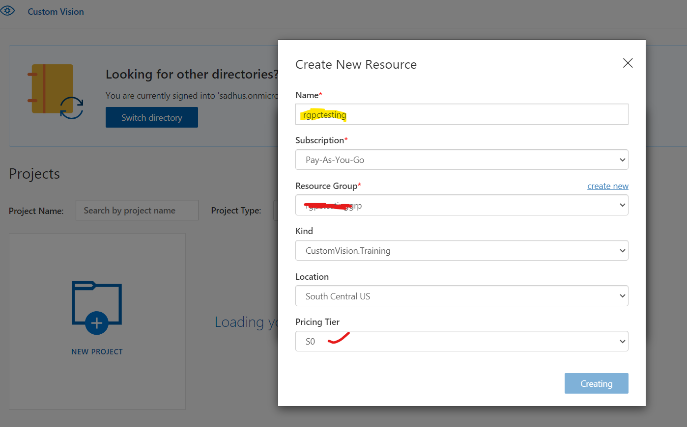 Custom vision - New Project is not creating - Microsoft Q&A