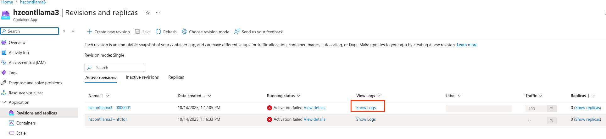 Get/export logs for activation failed container app - Microsoft Q&A