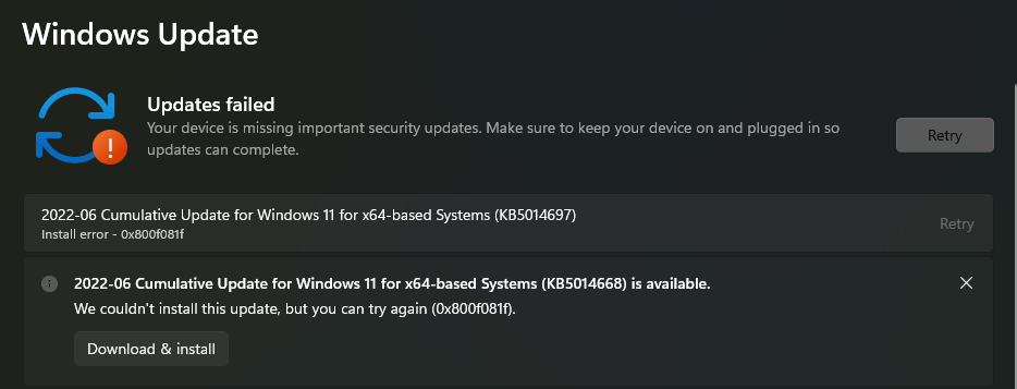 "We couldn't install this update, but you can try again (0x800f081f ...