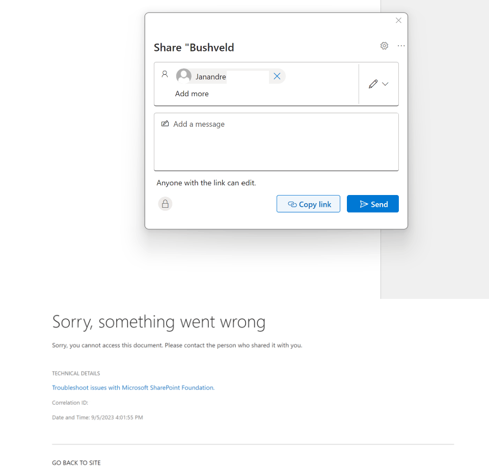 Encountered a technical error when clicking on a shared link to a ...