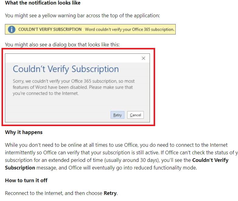 Microsoft 365 Unable to Verify Subscription. No Internet Connection ...
