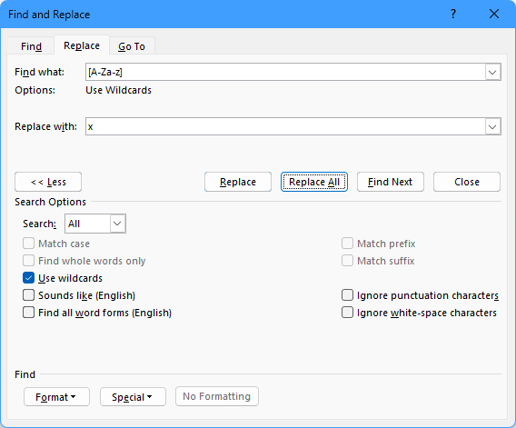 How to replace all letters (but not numbers) in a Word file to letters ...