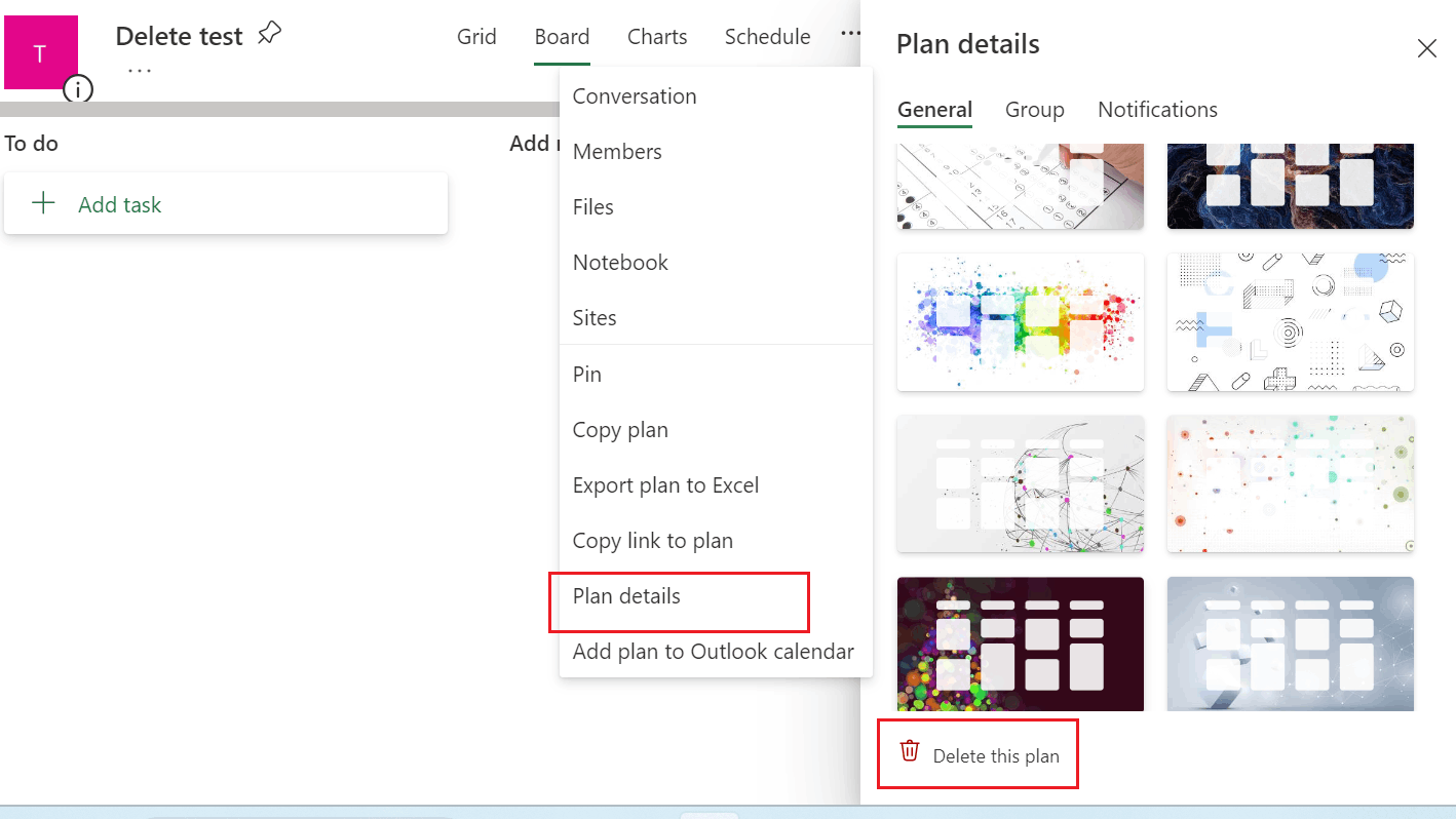 Why are no settings available for plans in planner. Can't delete a plan ...