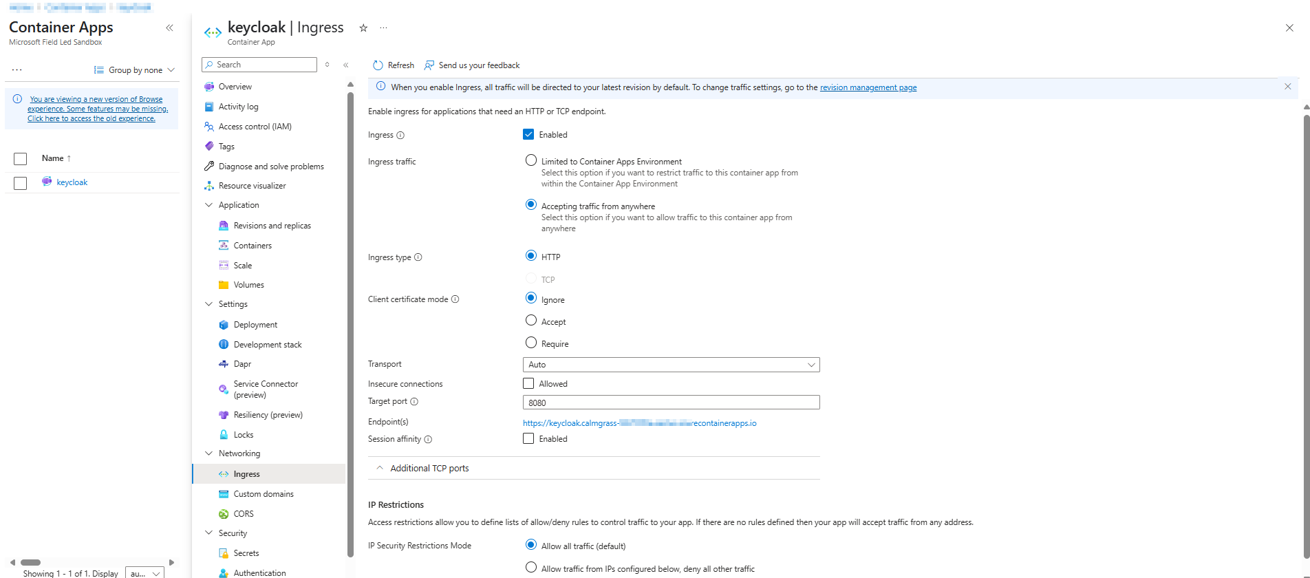 Keycloak failed to start in container app when enable ingress - Microsoft Q&A