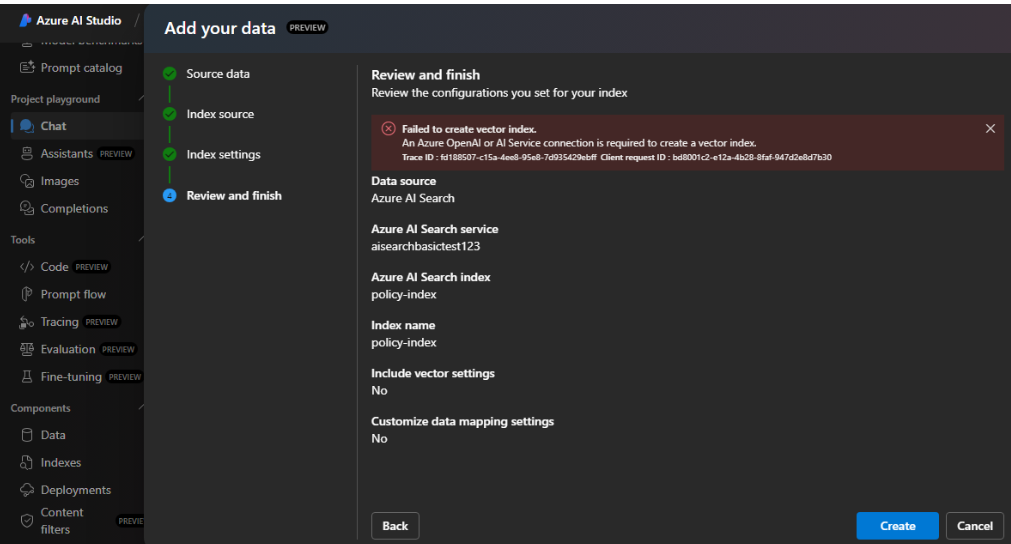 Failed To Create Vector Index An Azure Openai Or Ai Service Connection Is Required To Create A