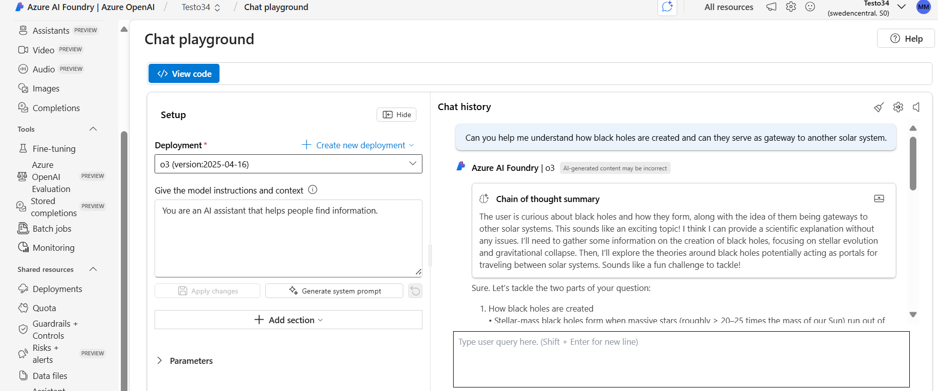 Error with running o3 deployment in Sweden central - Microsoft Q&A
