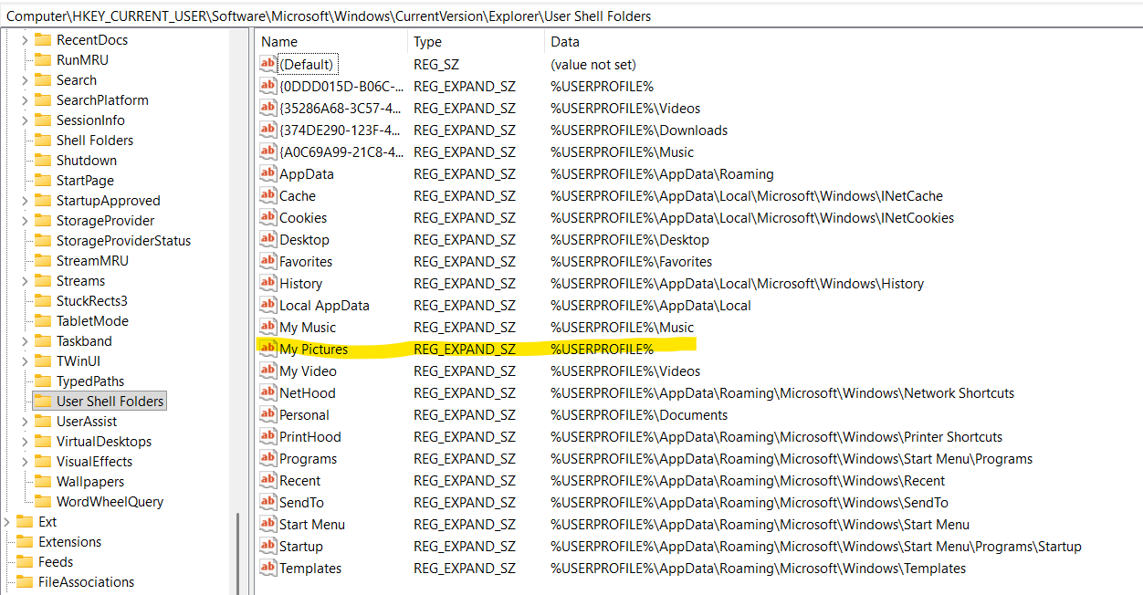 c:\users - user name is missing and folders appear under pictures ...
