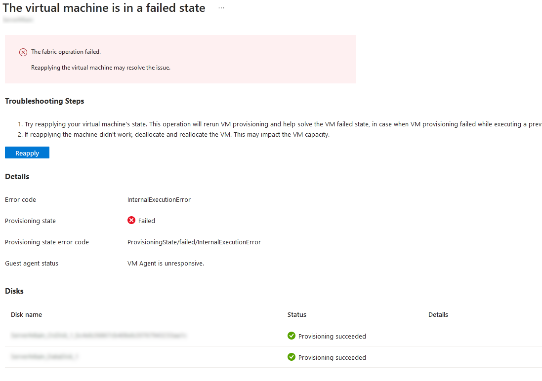 provisioningstate/failed/internalexecutionerror and Fabric Operation Failed - Microsoft Q&A