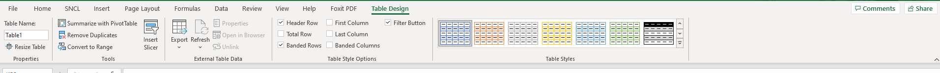 I can not find the shading menu in Table design Tab (Excel) - Microsoft Q&A