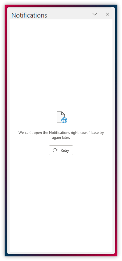 Bell icon/notifications panel in Outlook not loading - "We can't open ...