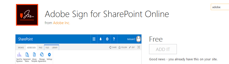 Adobe Sign for Sharepoint Online: tab not showing on top of the site ...