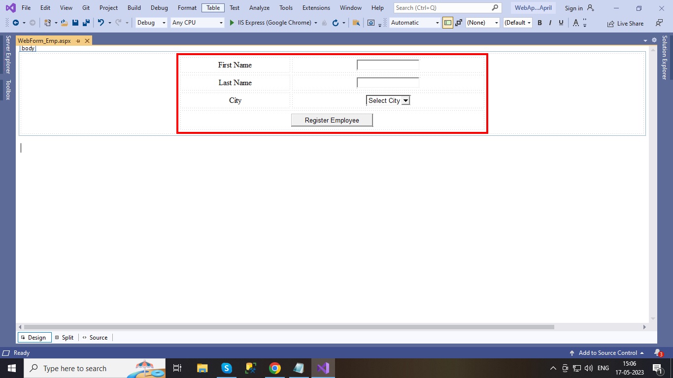 Table option is not availble in design part in M S Visual studios 2022 ...