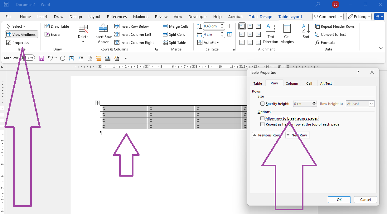 MS Word tables: unchecked 'Allow row to break across pages' but it ...