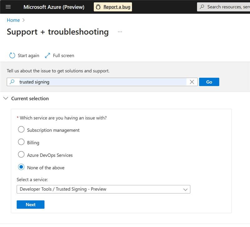 Unable to create Support Ticket for Trusted Signing - Microsoft Q&A