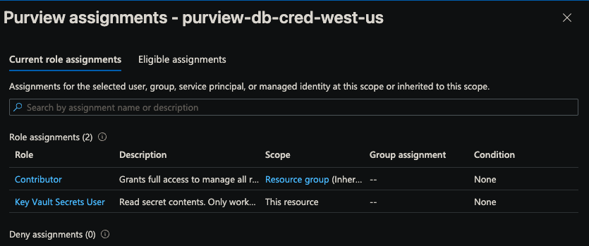What role assignments does Purview need to read a secret in Azure key ...