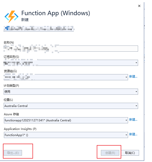 The "Create" button is grayed out when publishing an Azure Function ...