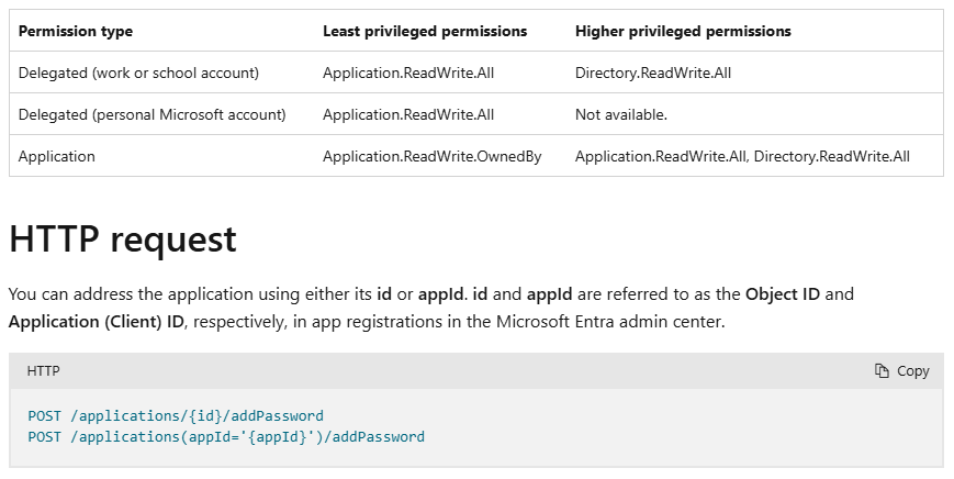 Insufficient privileges to perform "addPassword" operation to app registration using "graph ...