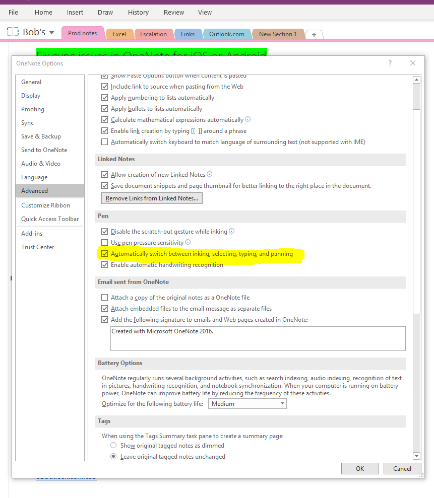 How can I disable the automatic switch between inking, selecting ...
