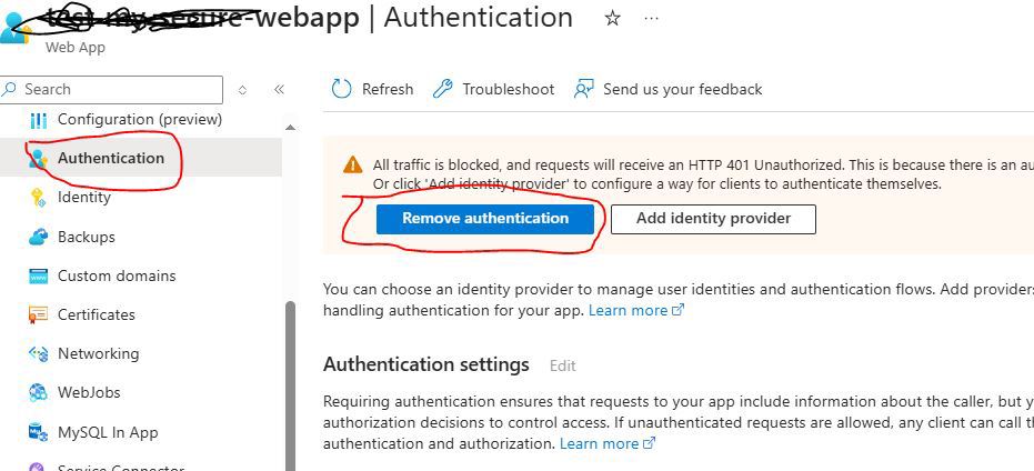 App Service EasyAuth stuck enabled - shows "Authentication Not ...
