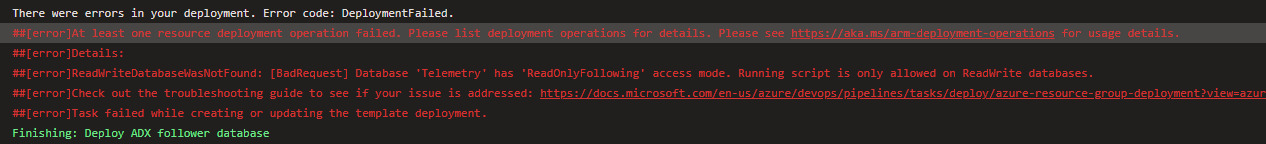 Unable to run Kusto script/command in ADX follower database from ARM Template - Microsoft Q&A