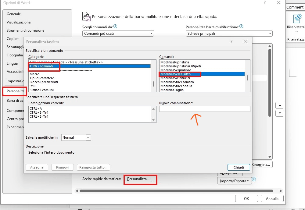 Qual è il nome del comando 'Seleziona tutto' nella finestra "Personalizza tastiera"? - Microsoft Q&A