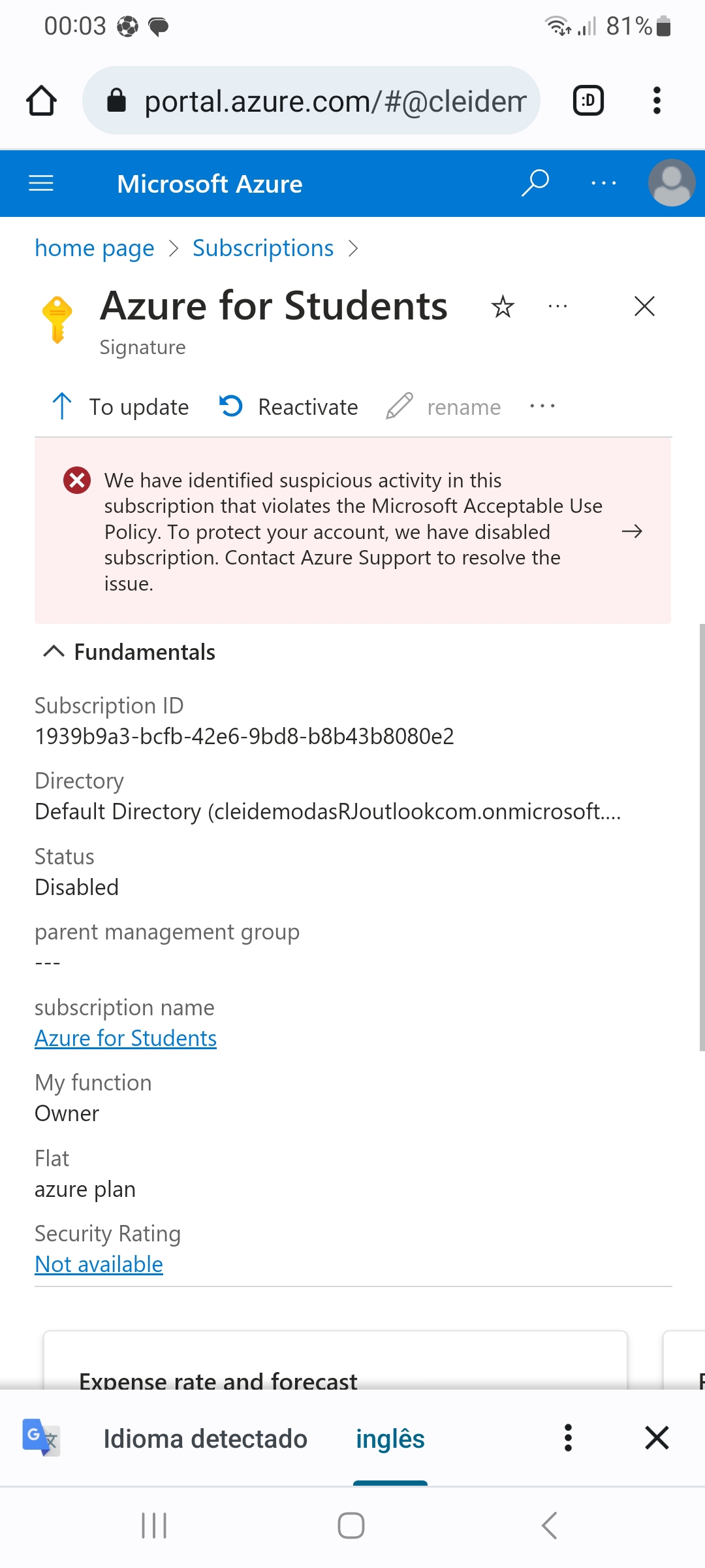 Azure subscription has been disabled. - Microsoft Q&A